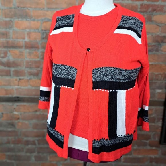 Sara Morgan | Sweaters | Vintage Womens Sweater Twinset Red With Black ...